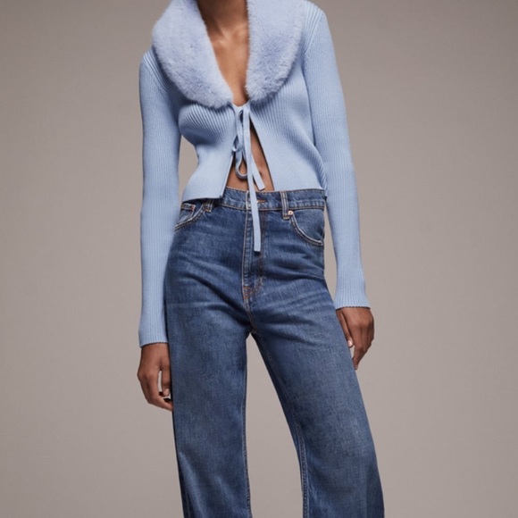 Zara | Sweaters | Zara Light Blue Fuzzy Collar Cardigan | Poshmark